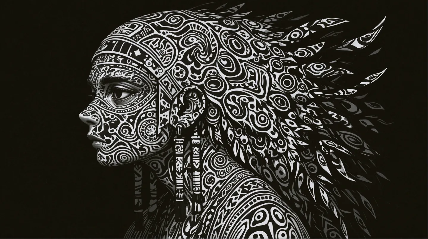 Tribal Portrait with Abstract Ink Patterns - AI Image Gallery | Diffus