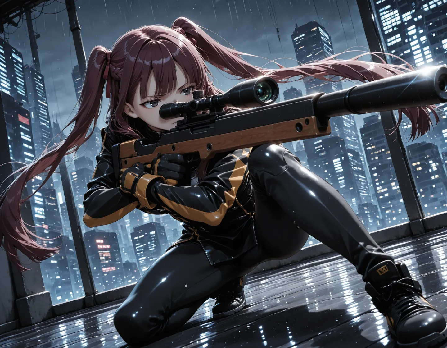 Cyberpunk Sniper Girl Aiming on Rooftop - AI Image Gallery | Diffus