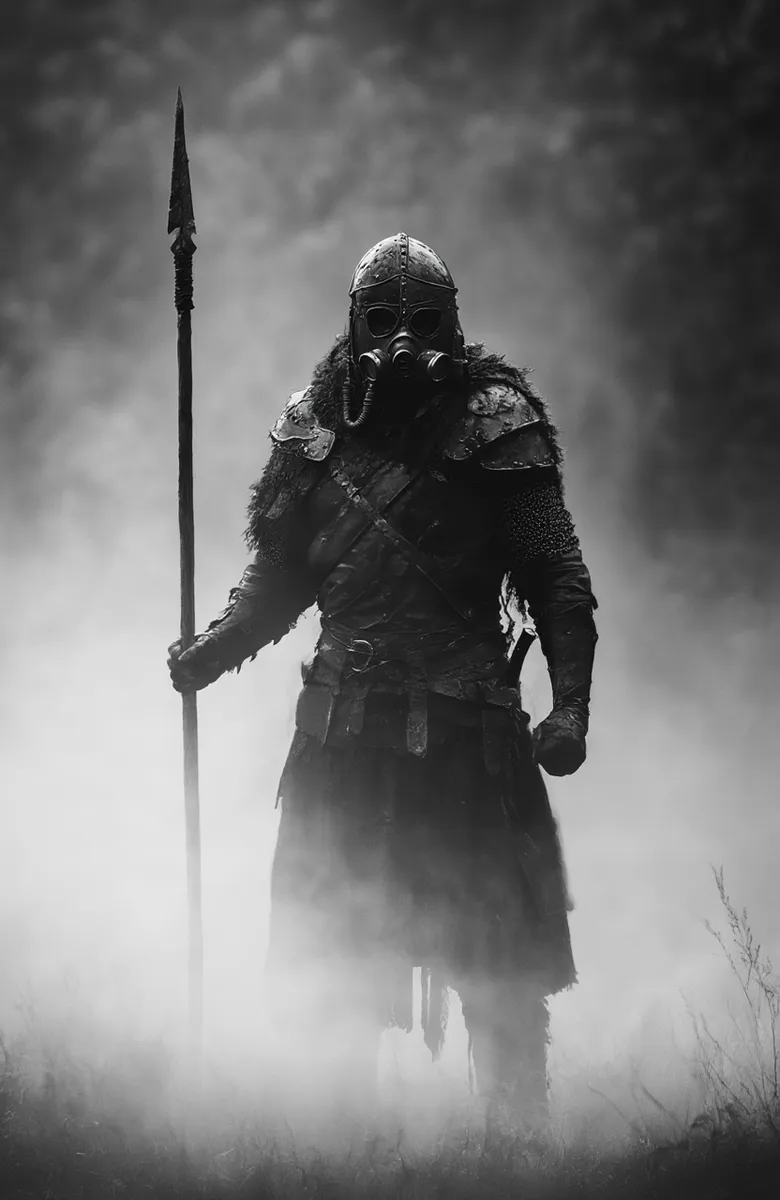 Medieval Warrior in Gas Mask with Spear - AI Image Gallery | Diffus
