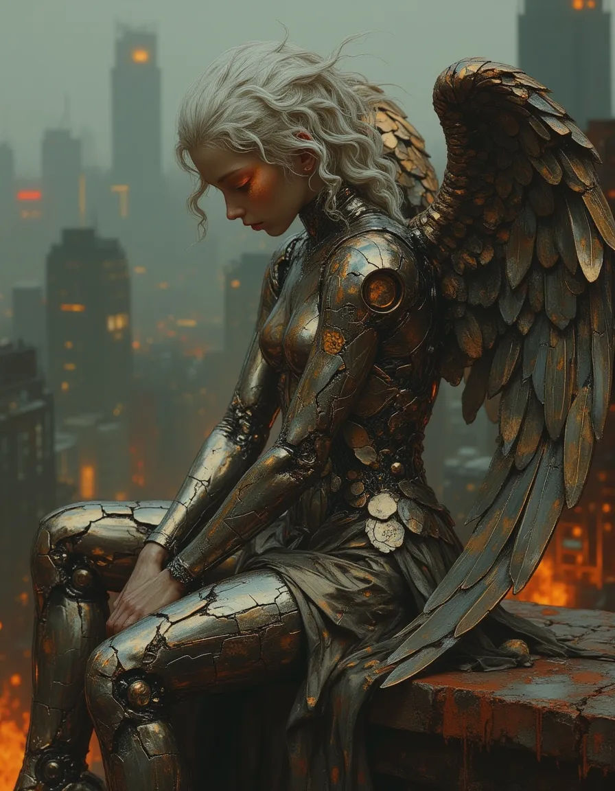 Cyberpunk Angel with Cracked Porcelain Wings - AI Image Gallery | Diffus