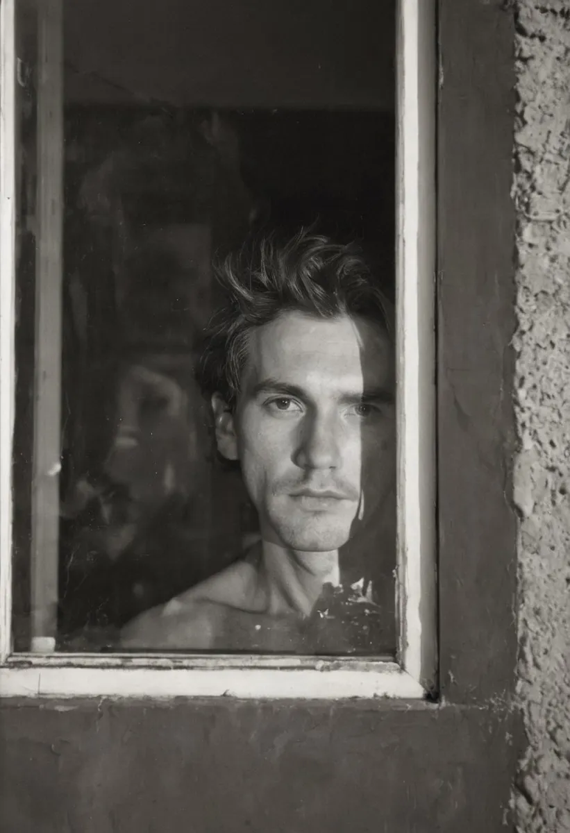 Man in Window with Vintage Frame and Film Grain - AI Image Gallery | Diffus