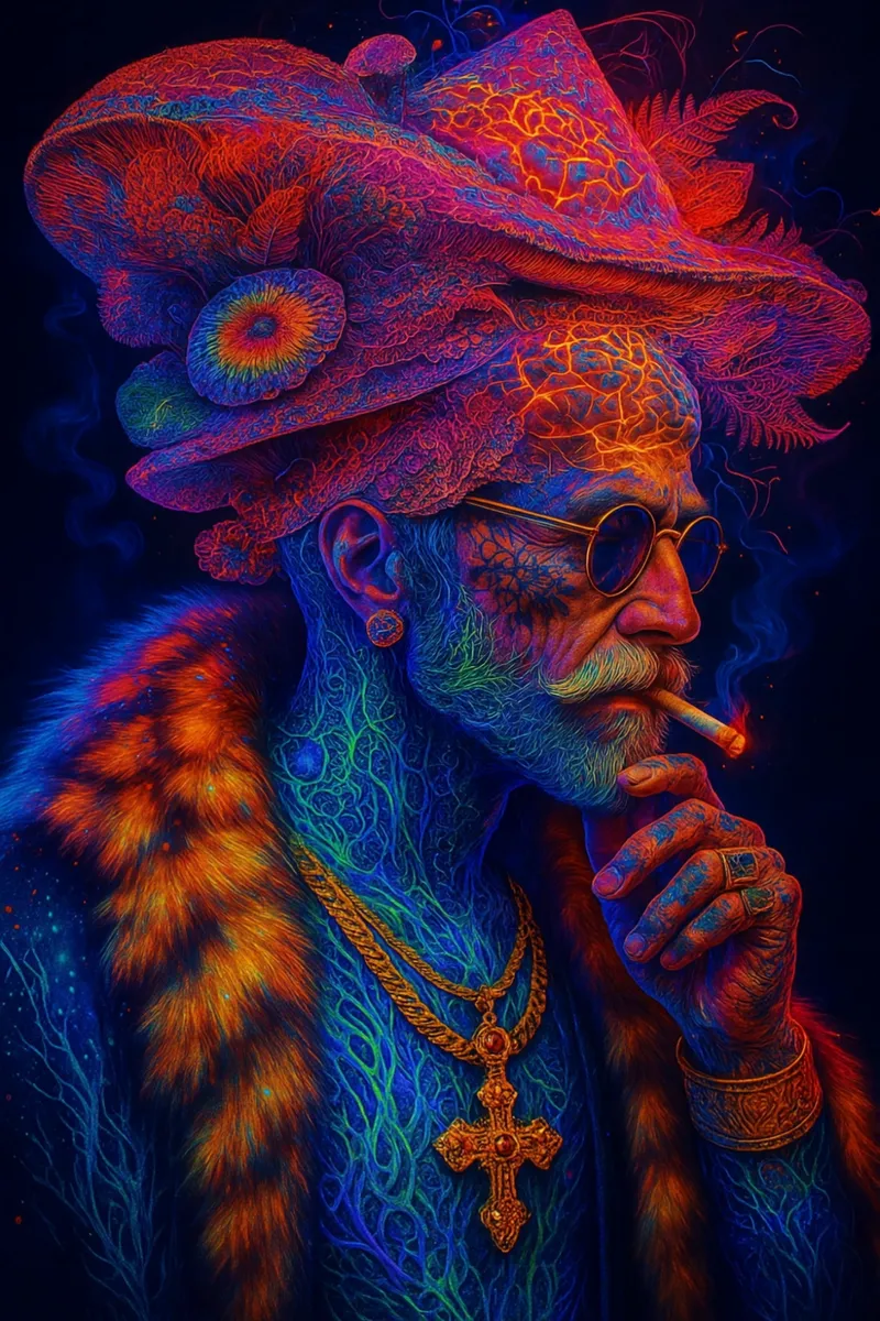 Neural Tattoos on Man with Bioluminescent Mushroom Hat | Diffus