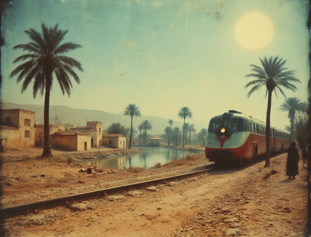 Vintage Train in Desert Passing Arabic Village - AI Image Gallery | Diffus