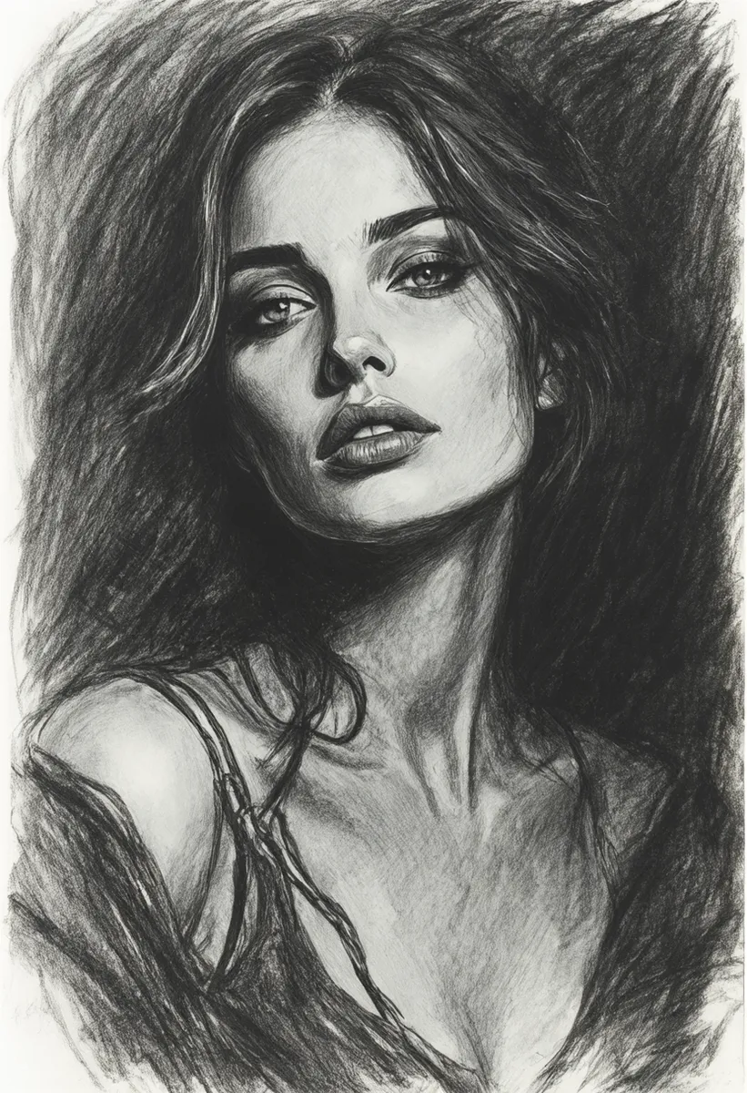 Woman Portrait Charcoal Drawing with Dramatic Contrast - AI Image ...