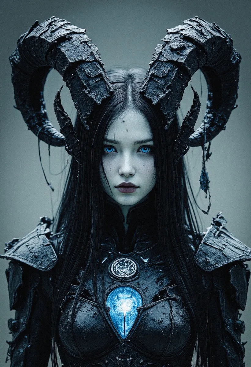 Dark Fantasy Female Boss with Rune-Etched Horns - AI Image Gallery | Diffus
