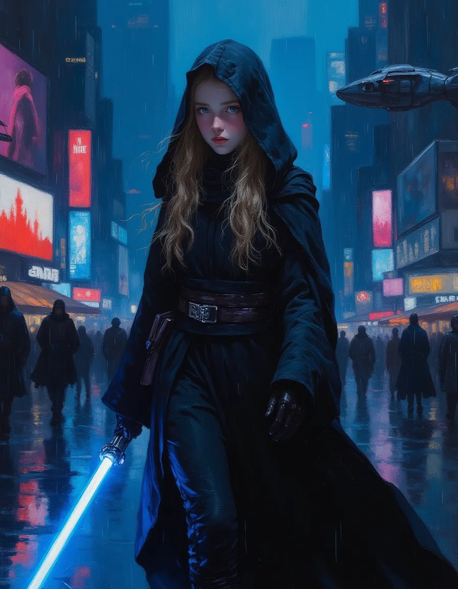 Jedi Knight in Neon-lit Futuristic City - AI Image Gallery | Diffus