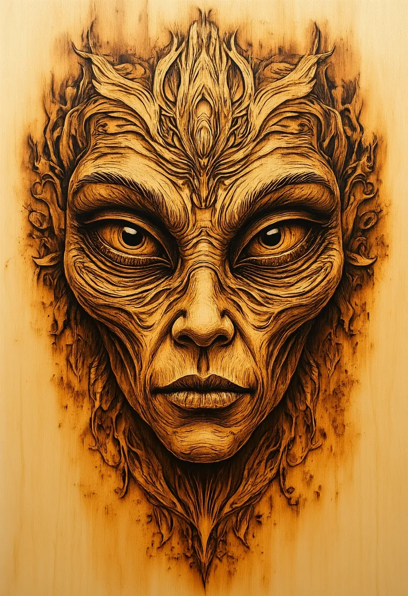 Alien Face Pyrography Wood Burning Art - AI Image Gallery | Diffus
