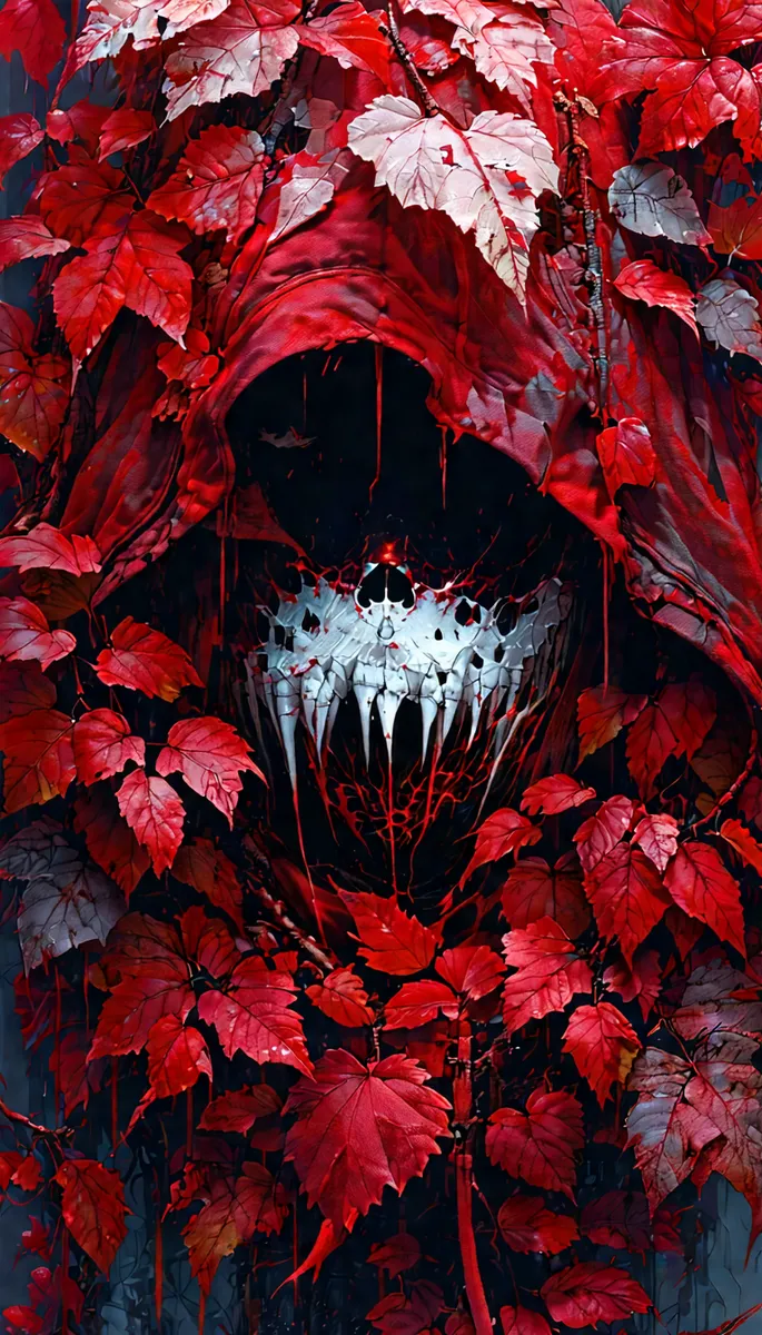Horror Hooded Figure with Sharp Teeth Among Red Leaves - AI Image ...