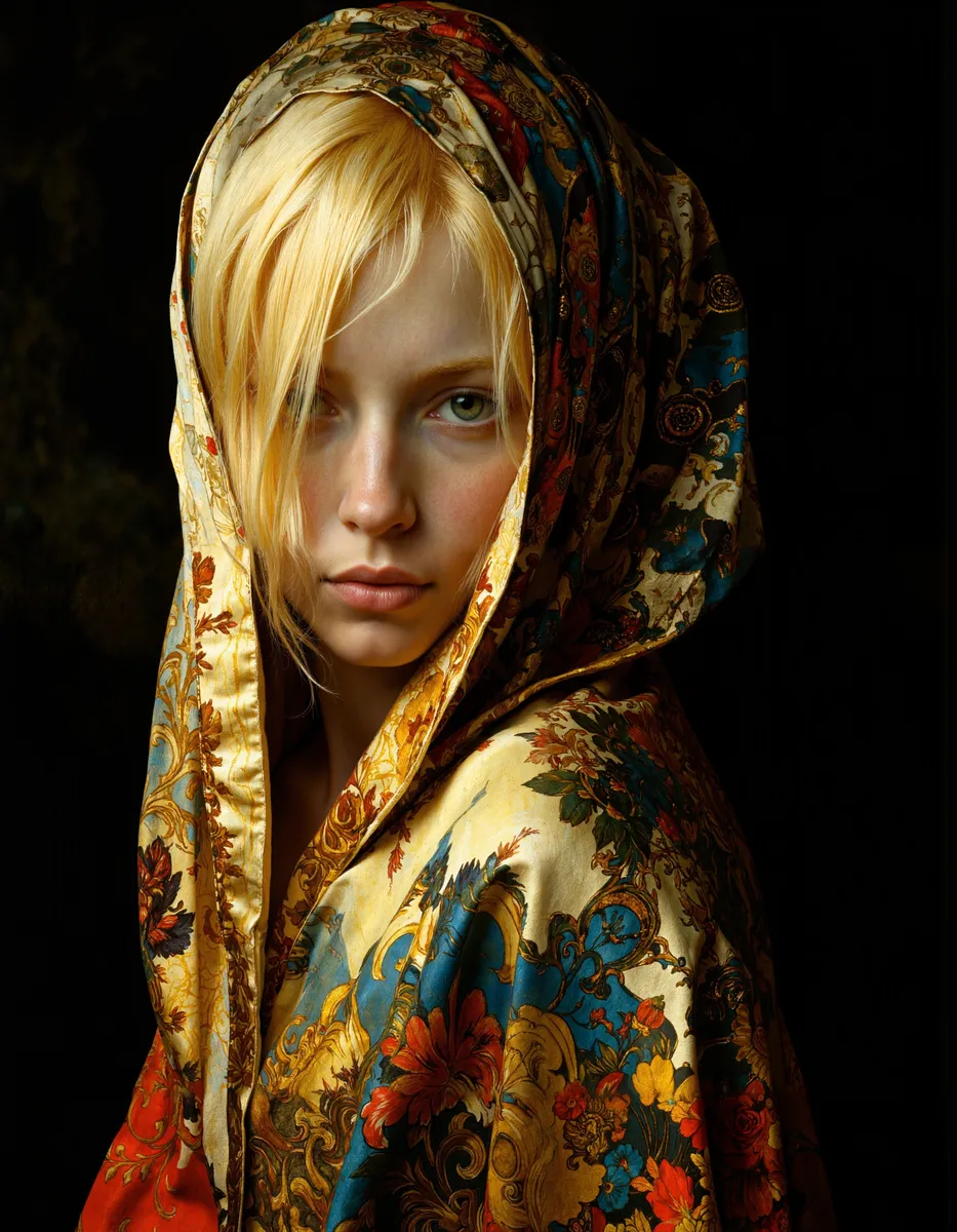 Retrato claroscuro de mujer con cabello dorado en estilo rococó ...