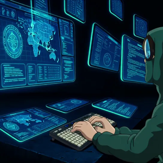 Hacker Typing Amid Holographic Windows in Studio Ghibli Style - AI Image Gallery | Diffus