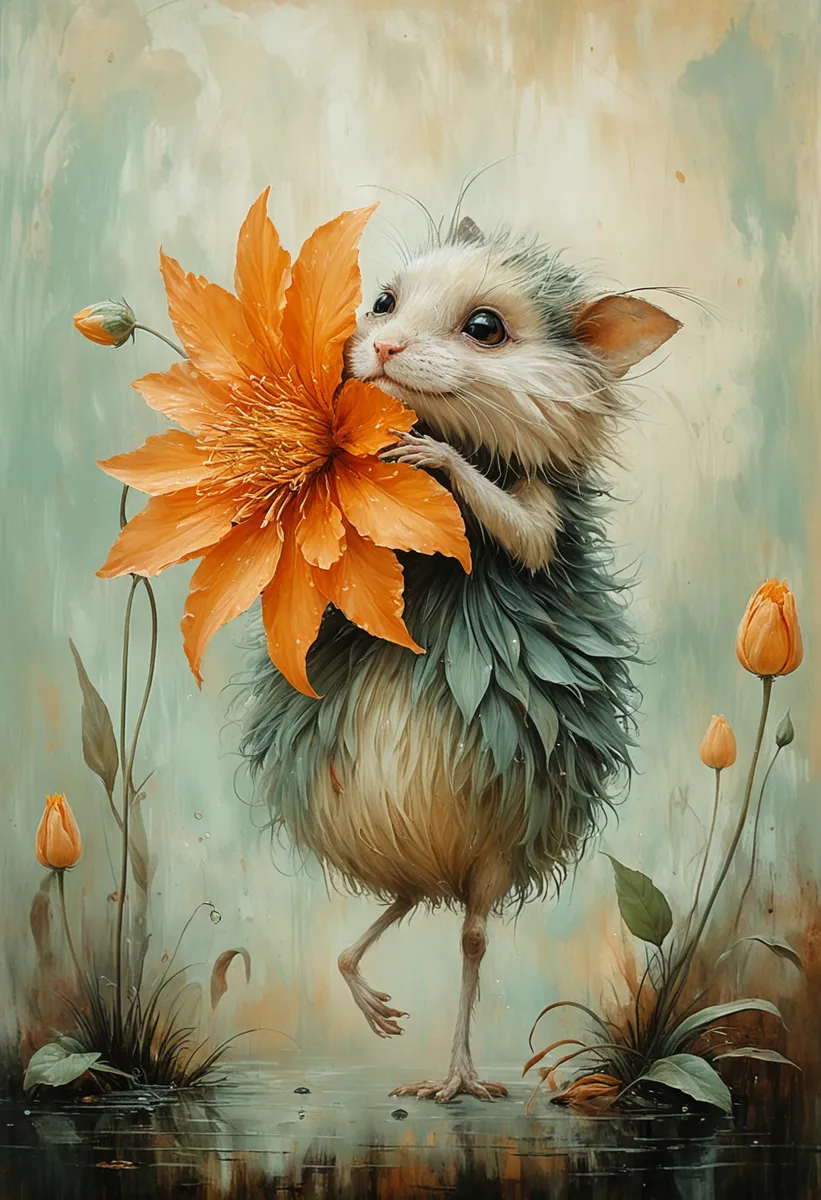 Dark Fantasy Furry Creature with Orange Flower - AI Image Gallery | Diffus