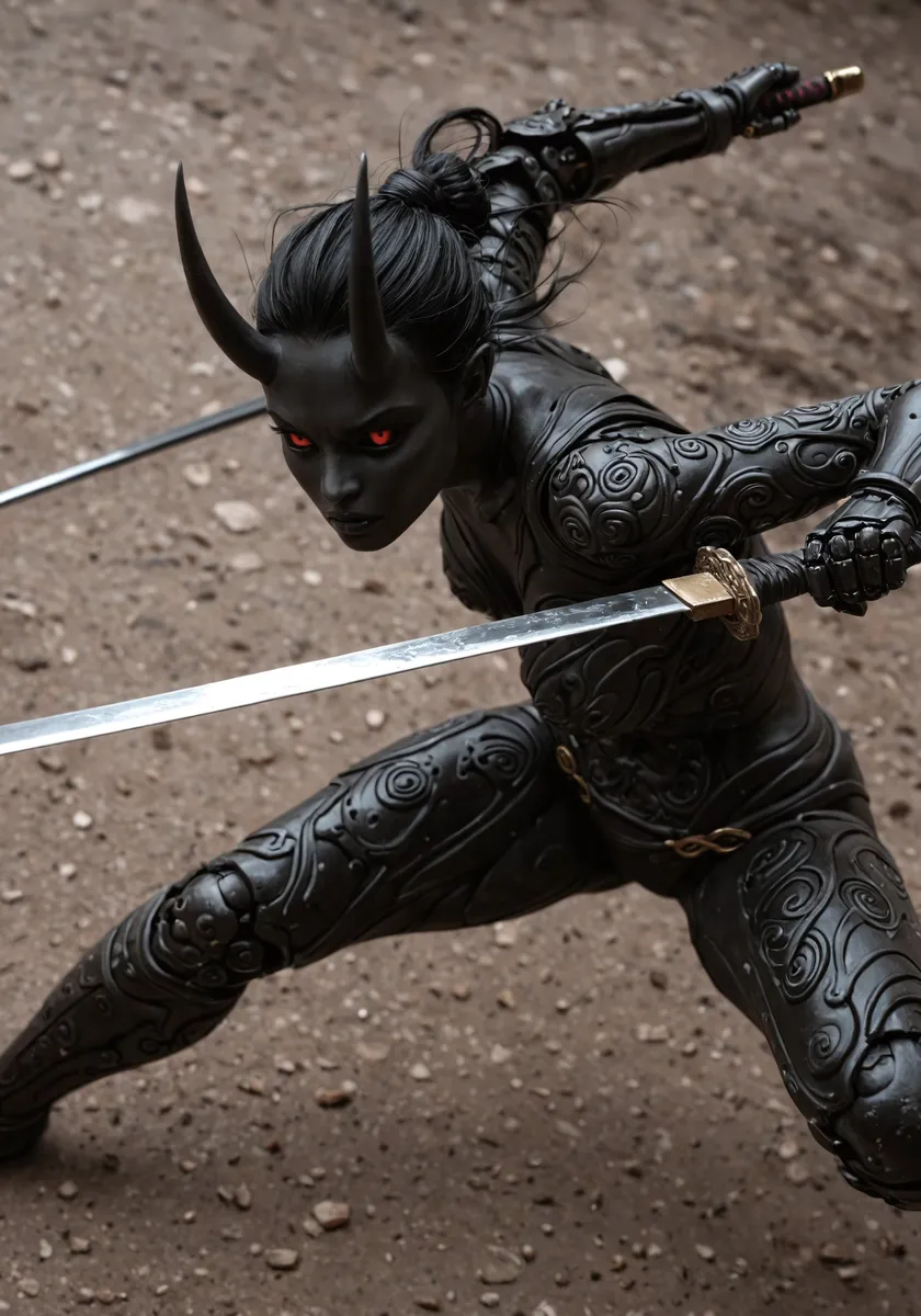 Oni Horns Warrior with Sword in Dynamic Pose - AI Image Gallery | Diffus