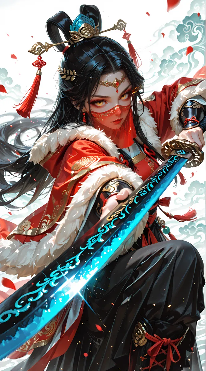 Chinese Opera Female Warrior with Glowing Sword - AI Image Gallery | Diffus