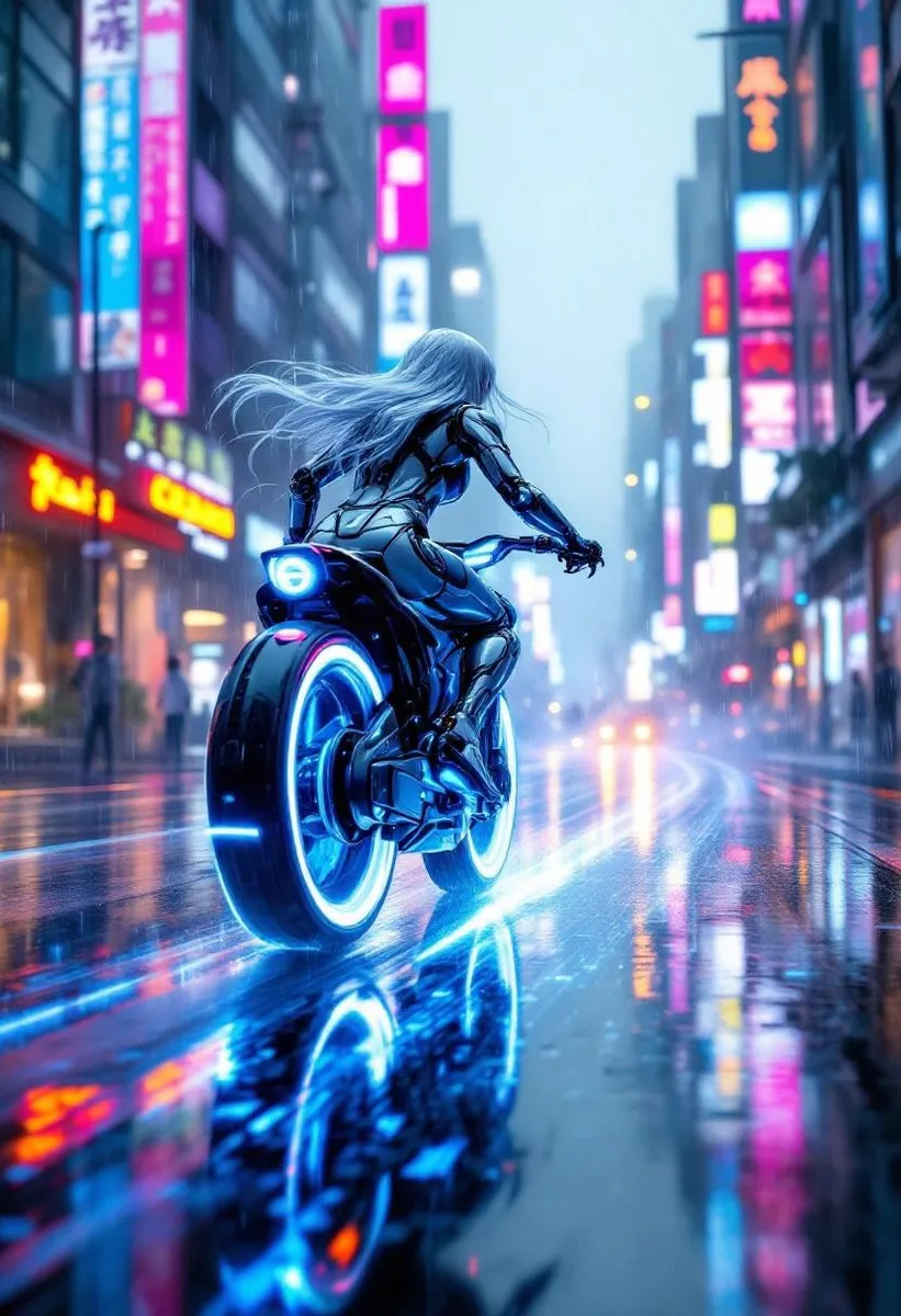 Cyborg Girl on Anti-Gravity Bike in Cyberpunk City - AI Image Gallery ...