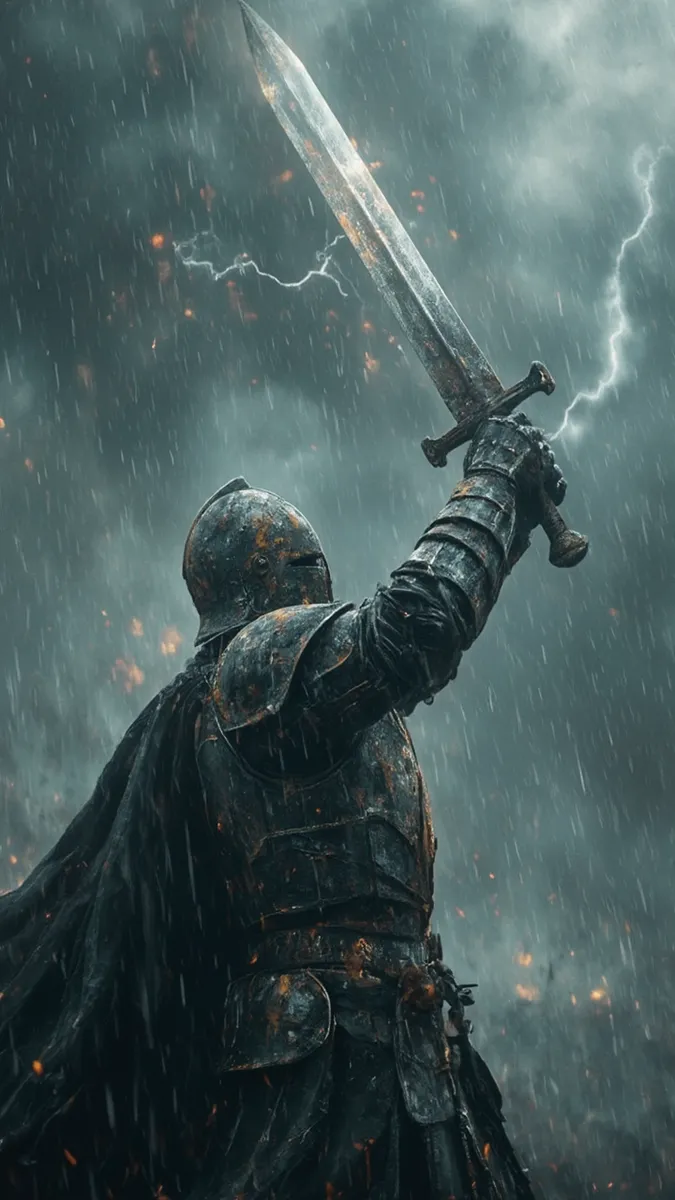 Knight in Rusted Armor Raising Sword Amid Storm - AI Image Gallery | Diffus
