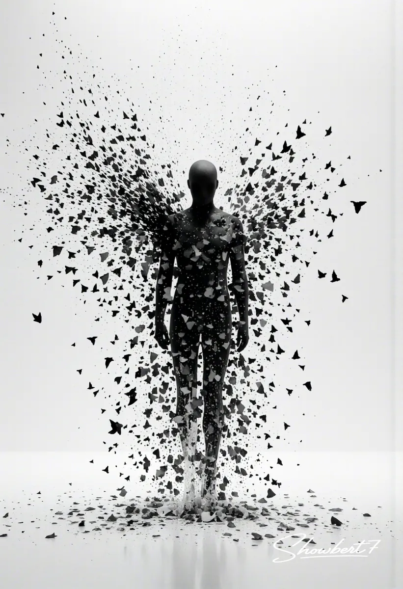Black and White Minimalist Shattering Humanoid - AI Image Gallery | Diffus