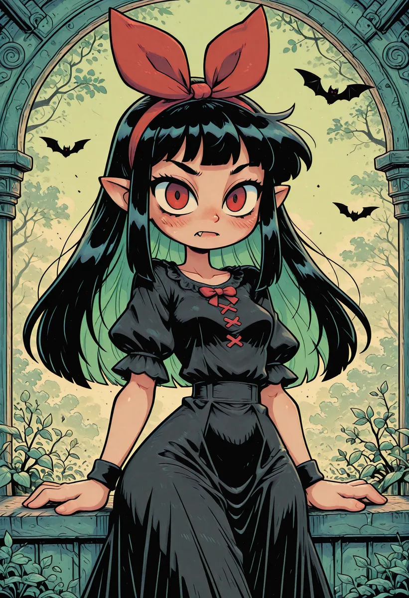 Vampire Girl in Black Dress with Red Bow - AI Image Gallery | Diffus