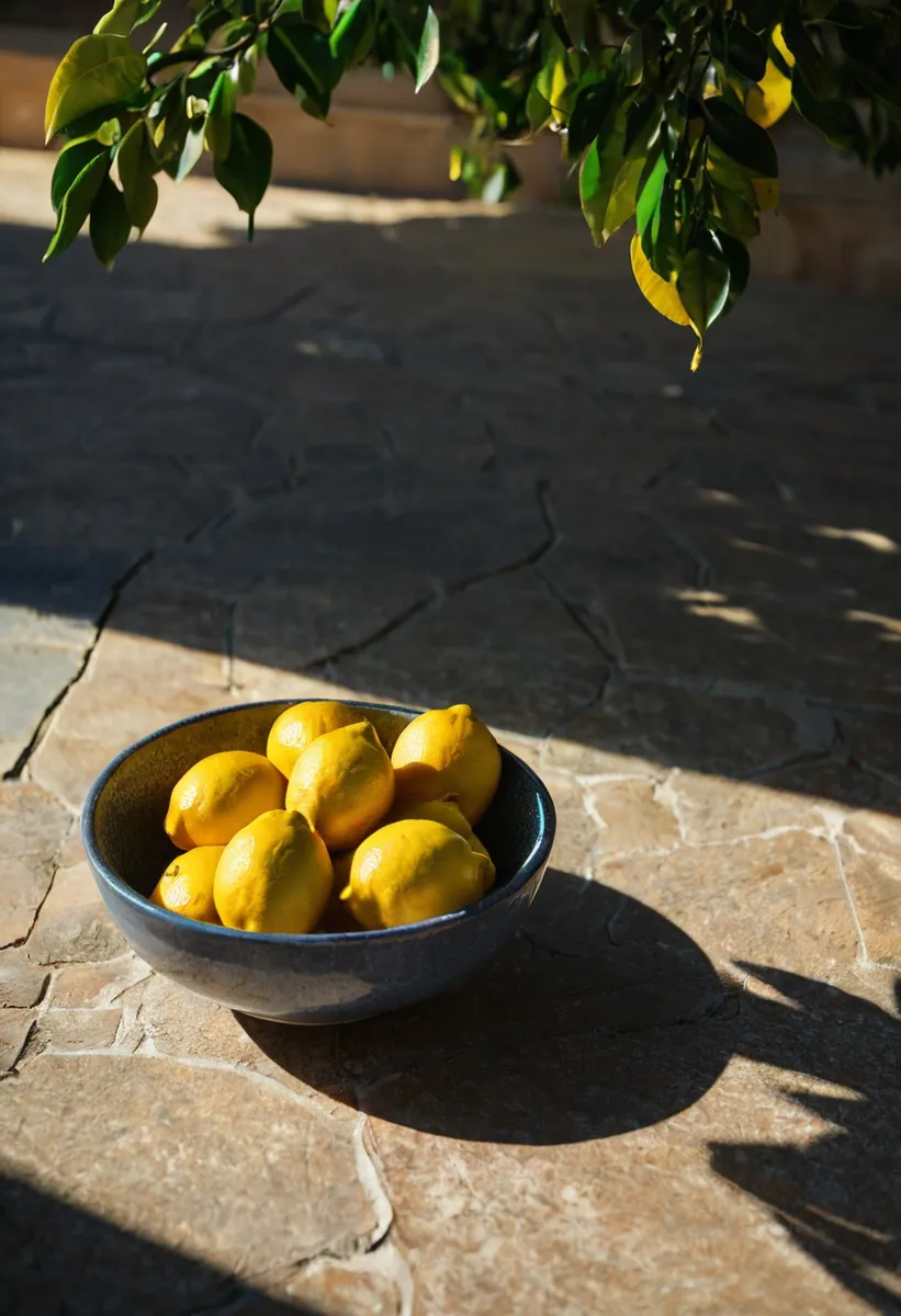 Lemons in Bowl on Sunlit Stone Surface - AI Image Gallery | Diffus