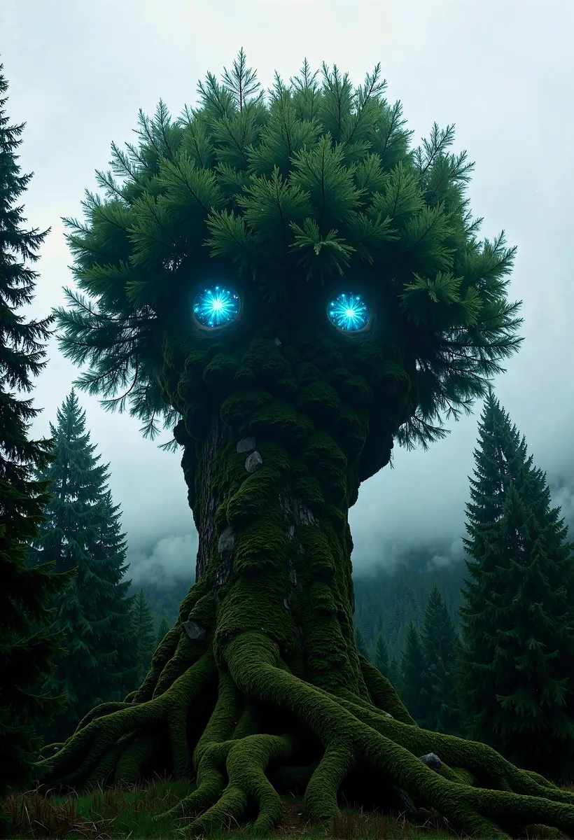 Mossy Pine Tree with Vibrant Blue Eyes - AI Image Gallery | Diffus