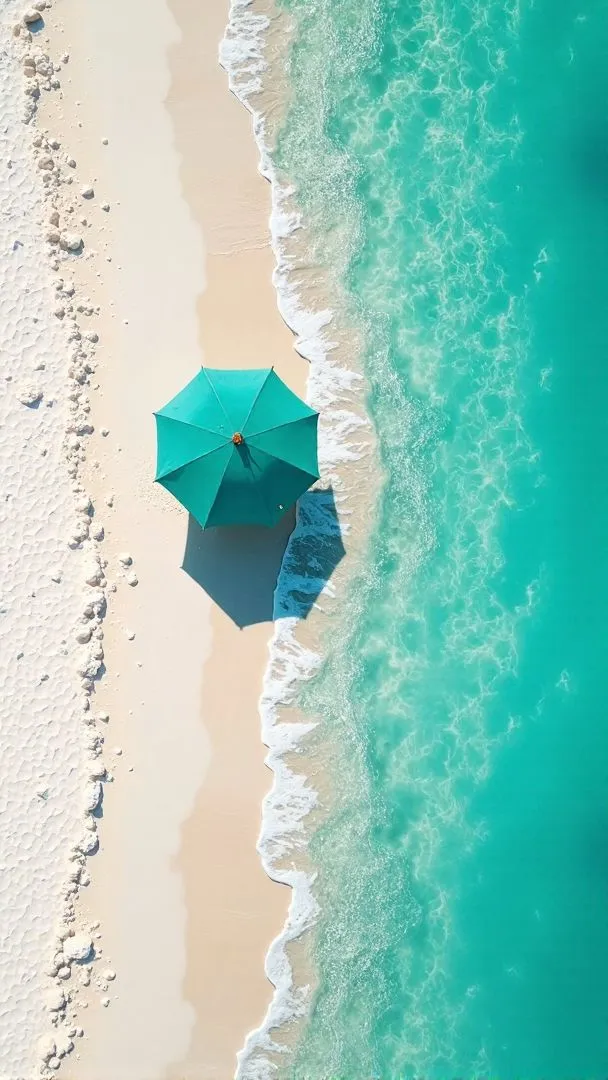 Aerial Beach View with Turquoise Umbrella - AI Image Gallery | Diffus