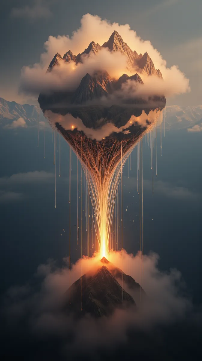Inverted Mountain Suspended in Glowing Mist - AI Image Gallery | Diffus