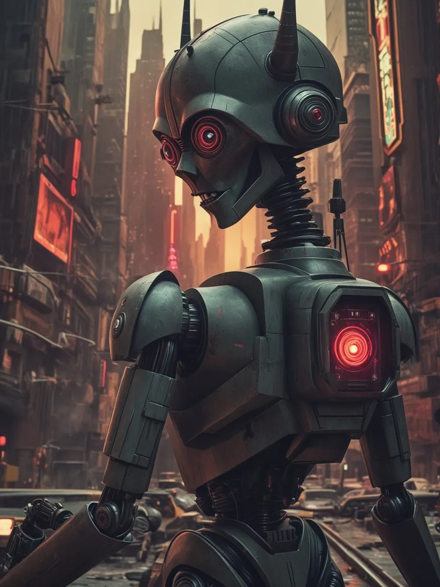 Devil Droid Portrait in Cyberpunk Metropolis - AI Image Gallery | Diffus