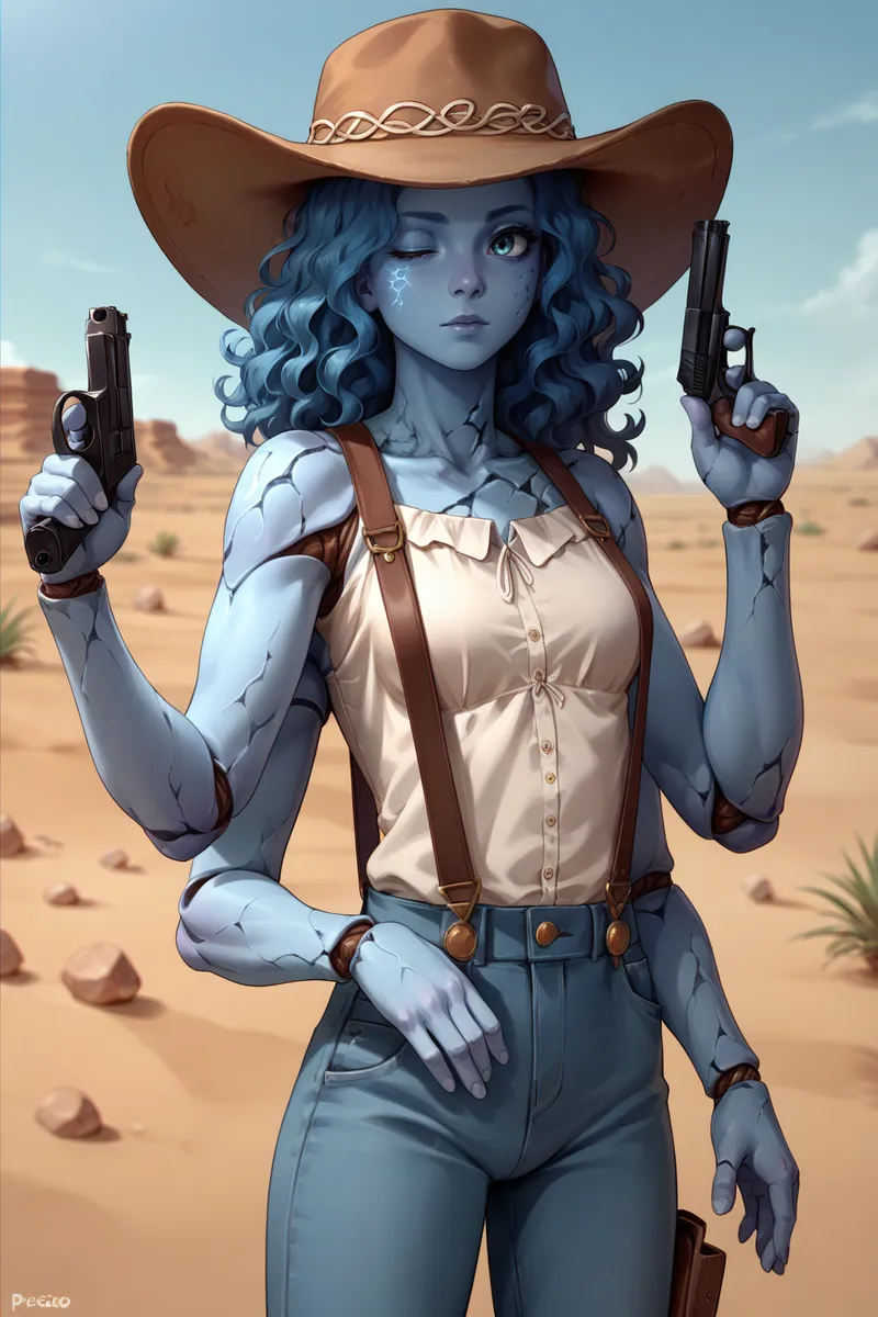 Blue Skin Cowboy Woman with Extra Arms - AI Image Gallery | Diffus