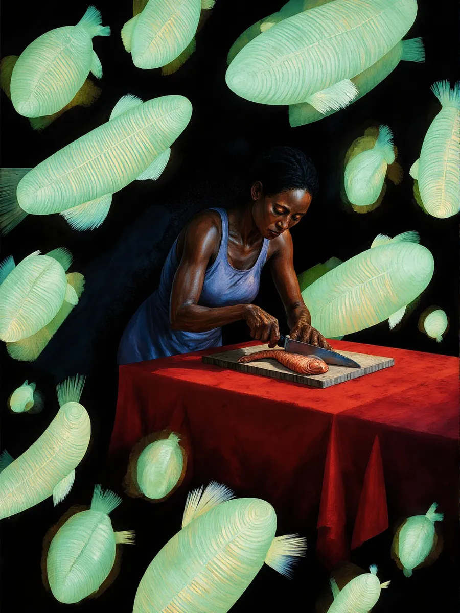 Jamaican Woman Cutting Fish with Bioluminescent Fish - AI Image Gallery ...