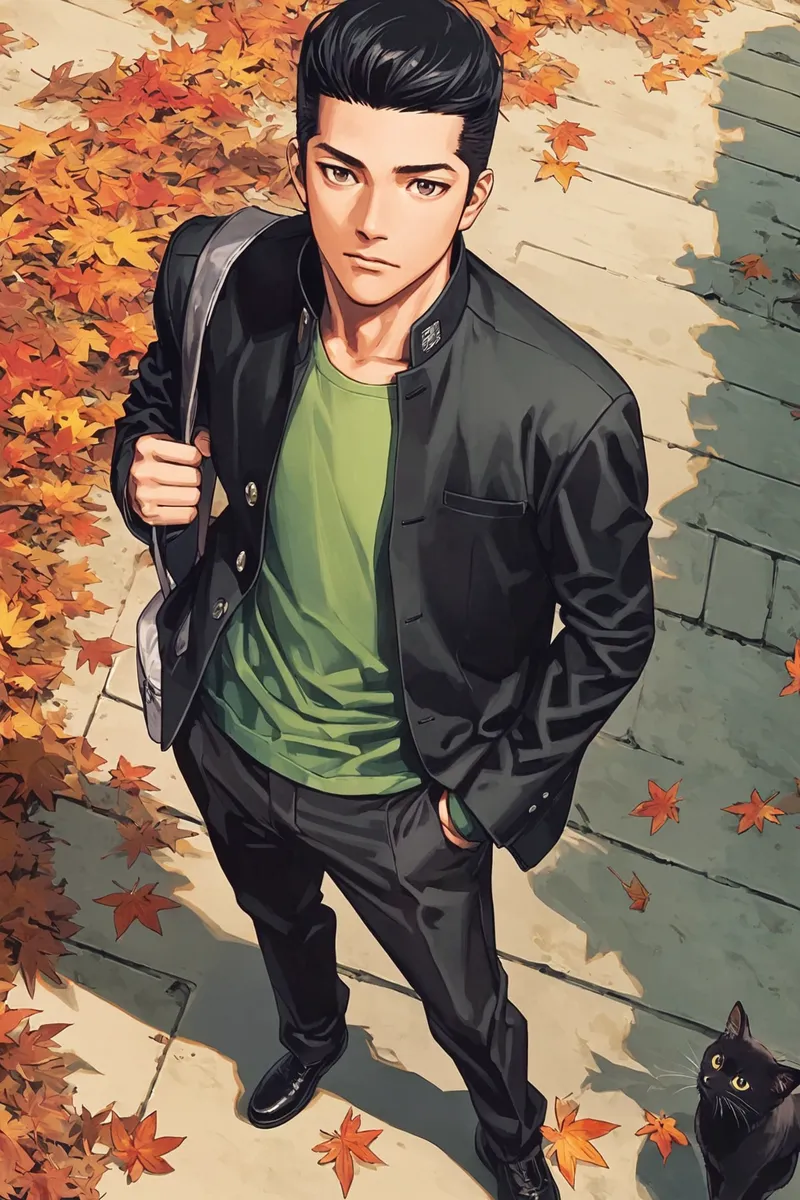 Étudiant Masculin avec Chat Noir et Feuilles d'Automne - Galerie d'Images AI | Diffus