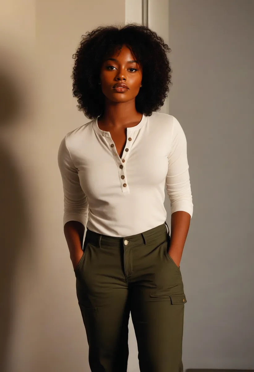 Melanin Woman in Henley Shirt and Utility Pants - AI Image Gallery | Diffus