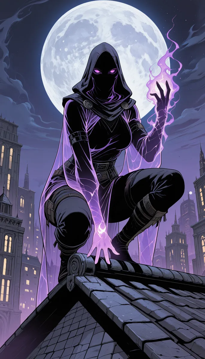 Shadow Assassin Rogue with Magic on Rooftop - AI Image Gallery | Diffus