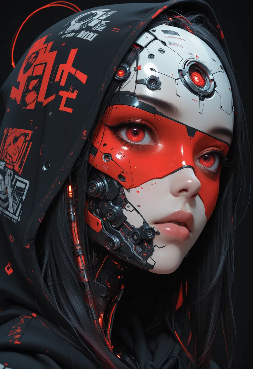 Cyborg Woman with Red Face Paint in Cyberpunk Hood - AI Image Gallery ...
