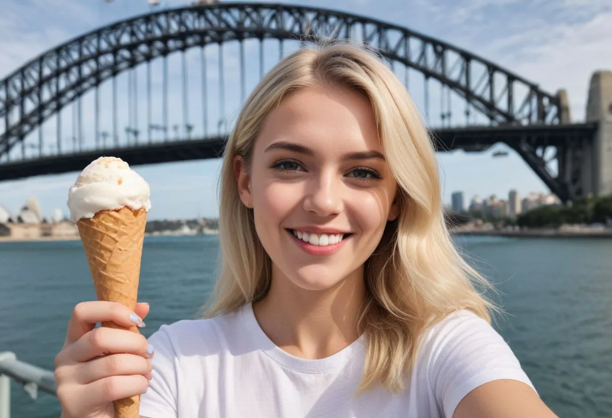 Female Tourist Taking Selfie With Sydney Harbor Bridge - AI Image ...