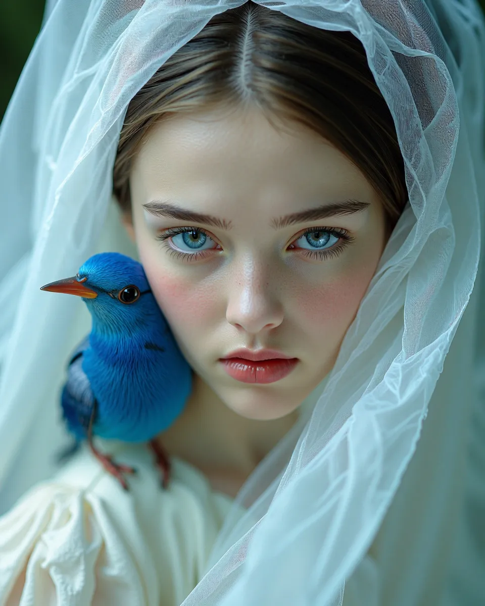 Serene Woman with Blue Bird and Translucent Veil - AI Image Gallery ...