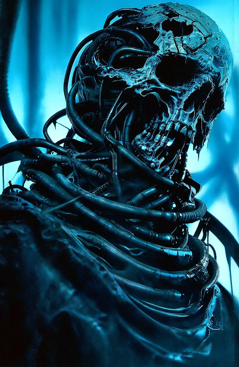 Dying Machine: Corrupted Biopunk Mech in Blue Light - AI Image Gallery ...