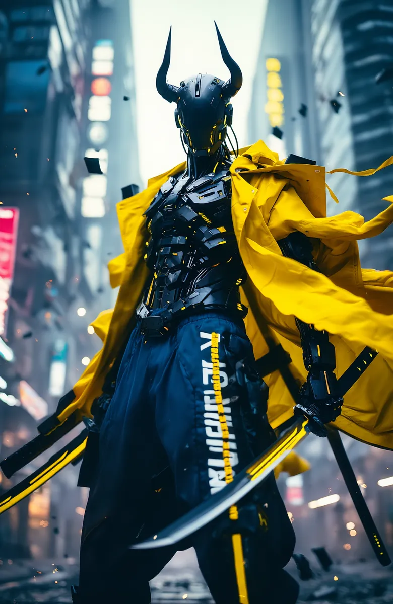 Cyberpunk Humanoid Robot with Yellow Coat and Katanas - AI Image ...