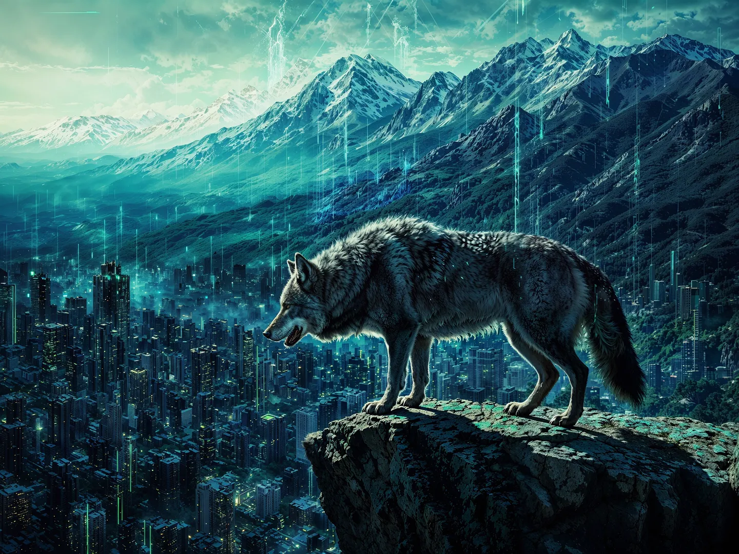 Wolf Overlooking Futuristic City by Mountain Cliff - AI Image Gallery ...