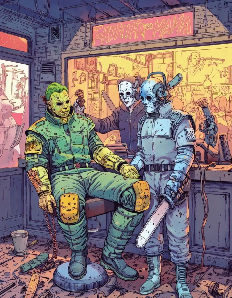 Jason Voorhees and Michael Myers Psychedelic Barbershop - AI Image ...