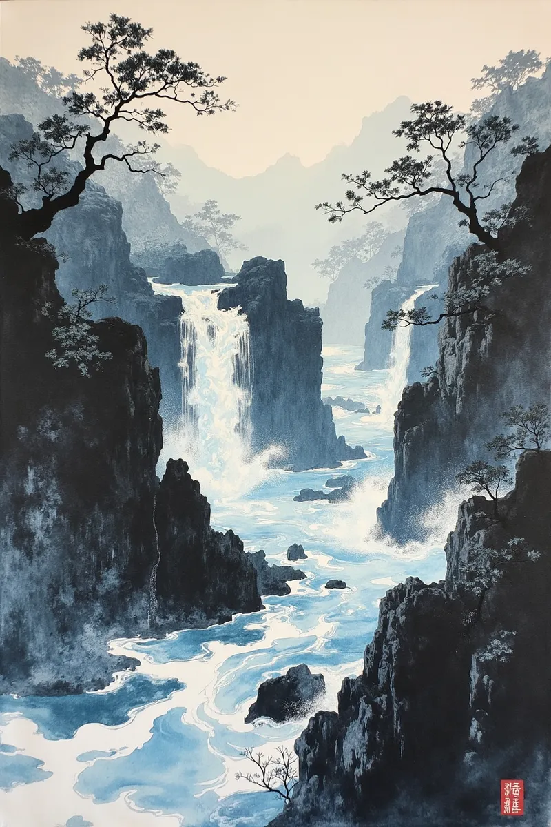 Oriental Ink Wash Waterfalls and Mountain Landscape - AI Image Gallery ...