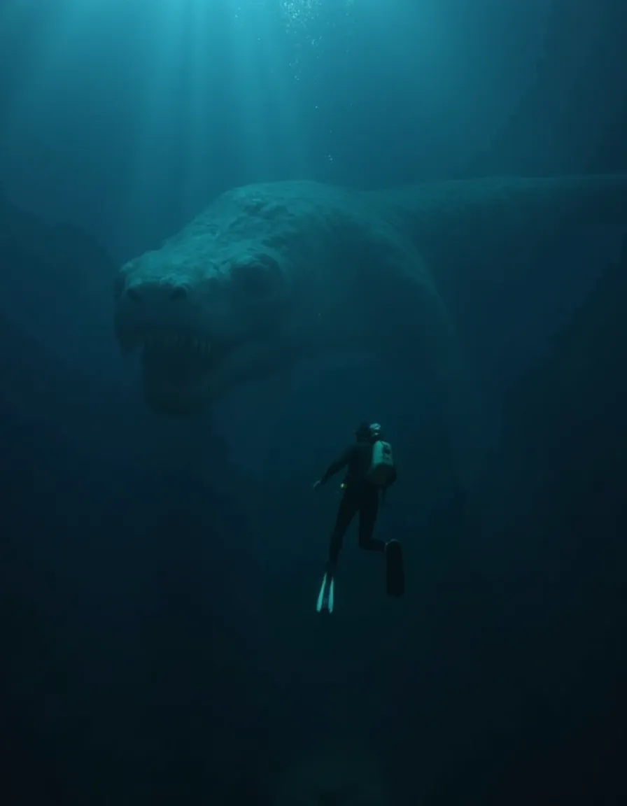 Creepy Diver Facing Giant Sea Monster - AI Image Gallery | Diffus