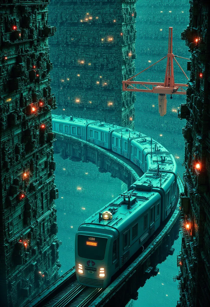 Cyberpunk Teal Train on Curved Track at Night - AI Image Gallery | Diffus