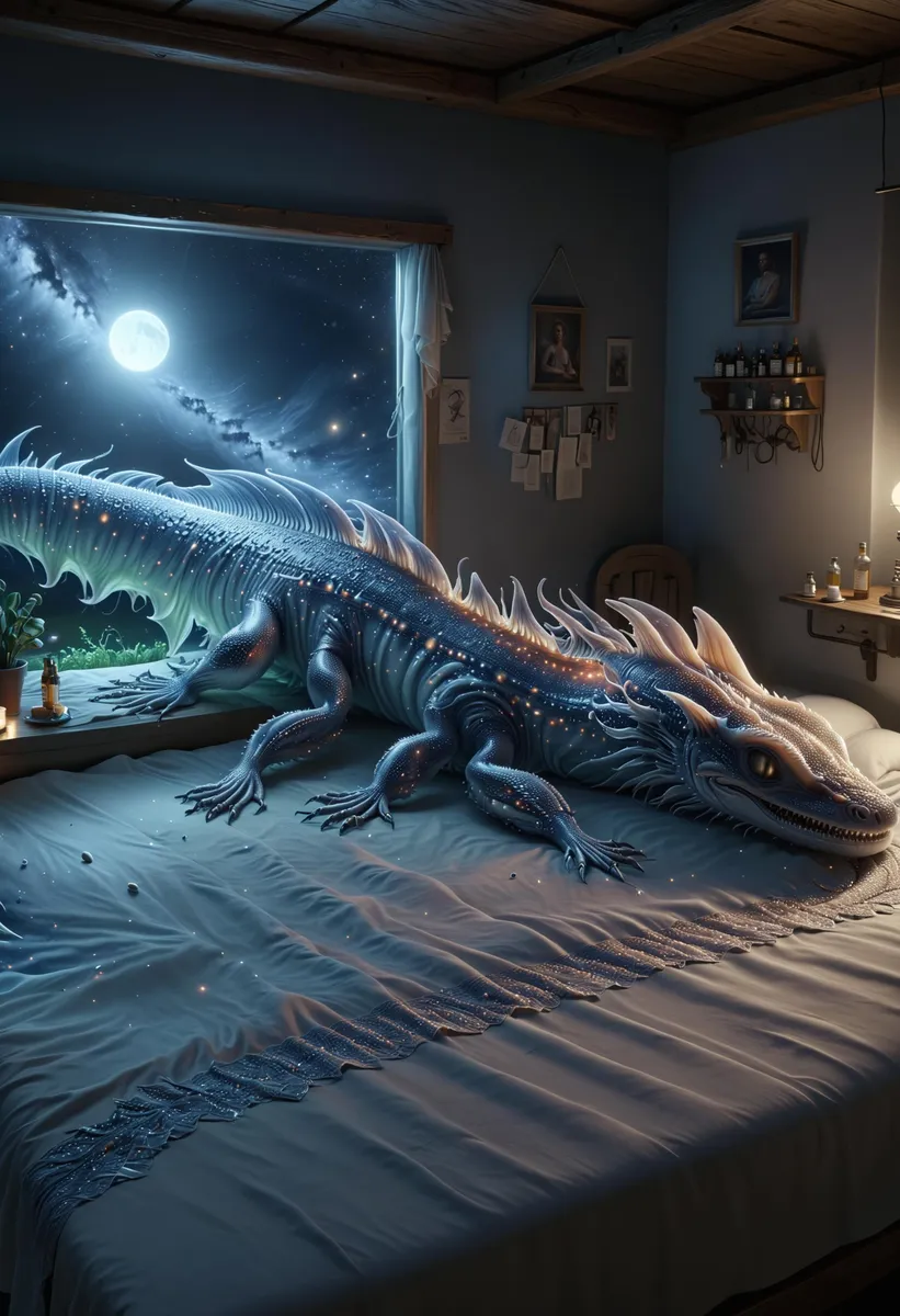 Realistic Dragon Resting on White Bed - Stable Diffusion AI Image | Diffus